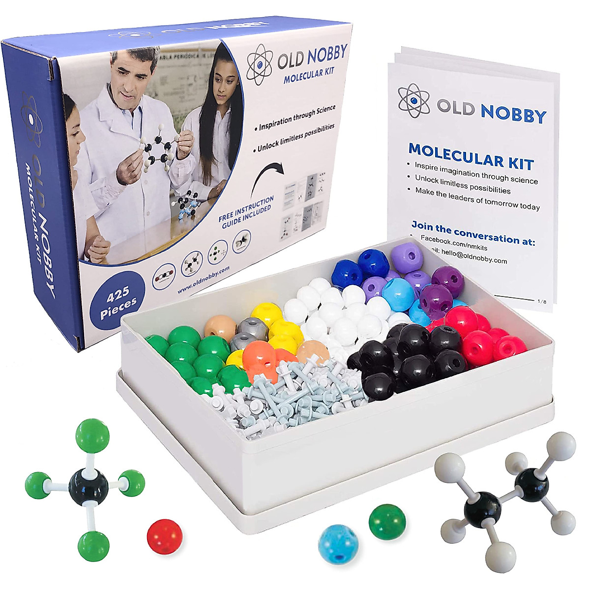 Old Nobby Organic Chemistry Set (425 pc) Molecular Model Kit with Atoms, Bonds, Guide, Bond Removal Tool - STEM Science Kits for Kids Toys Chemistry Set for Students Teachers Young Scientists