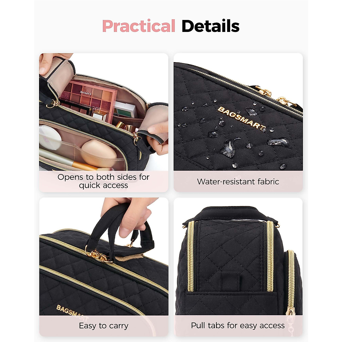 BAGSMART Travel Makeup Bag, Cosmetic Bag Organizer Case, Portable Makeup Travel bag for Women for Travel Accessories, Makeup Toiletry Bag with Dual-Zippered Large Wide-open and Handle-black