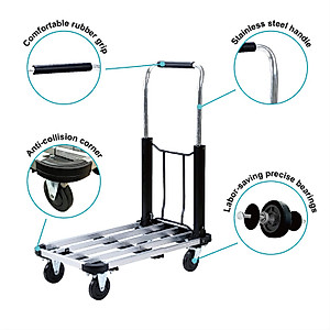 LEADALLWAY Foldable Push Cart Aluminum Alloy Platform Cart with 4-Wheel,Adjustable Length,330-LB Capacity(with 2 Ropes)
