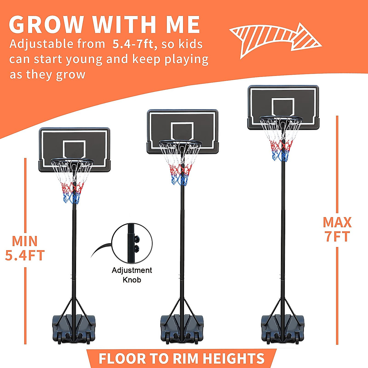 aokung Portable Adjustable Height 5.4ft - 7ft Basketball Hoop Backboard Stand and Rim for Kids Youth w/Wheels Basketball Goal Game Play Set Indoor/Outdoor