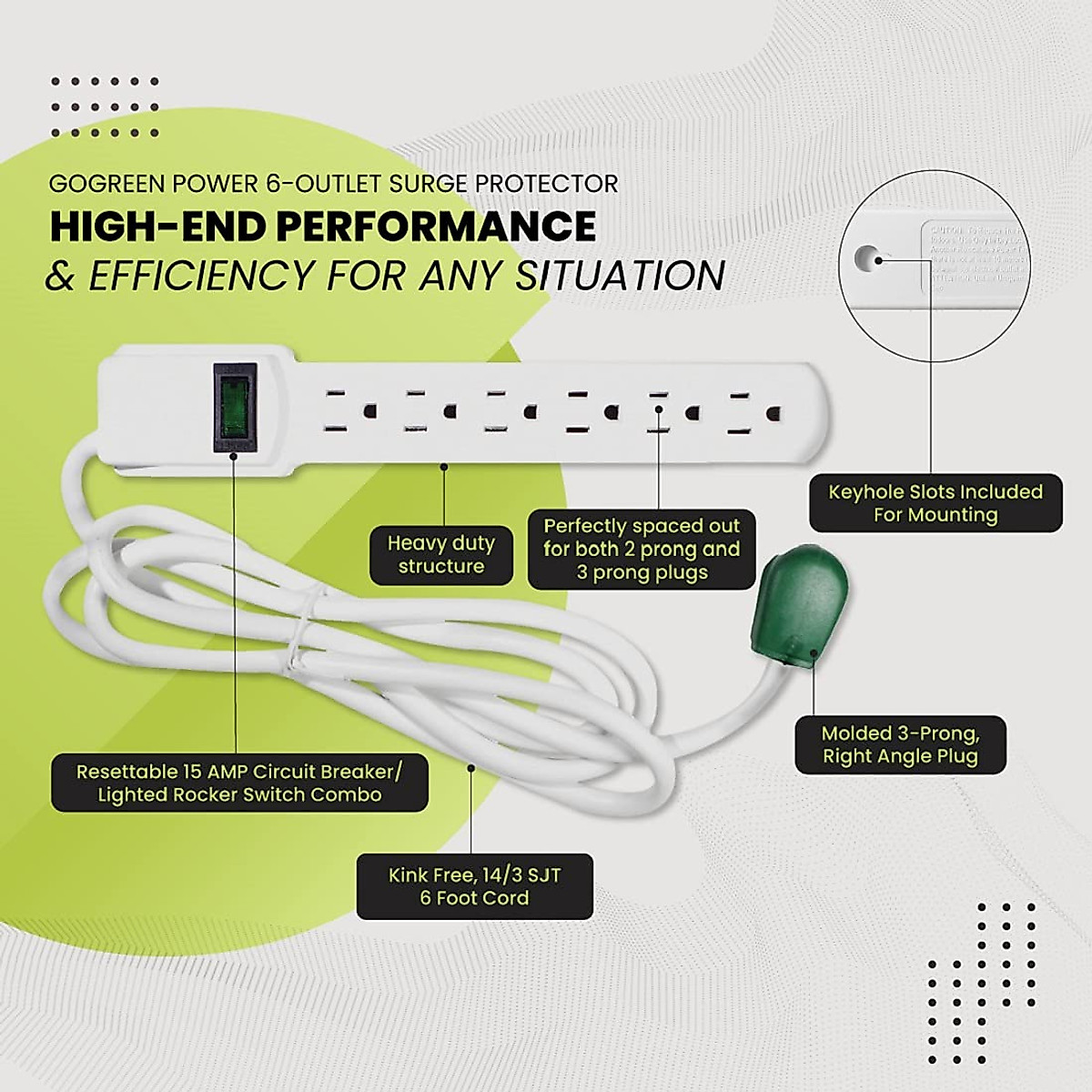 Go Green Power GG-16106MS Surge Protector, 6 FT, White, 6 FT