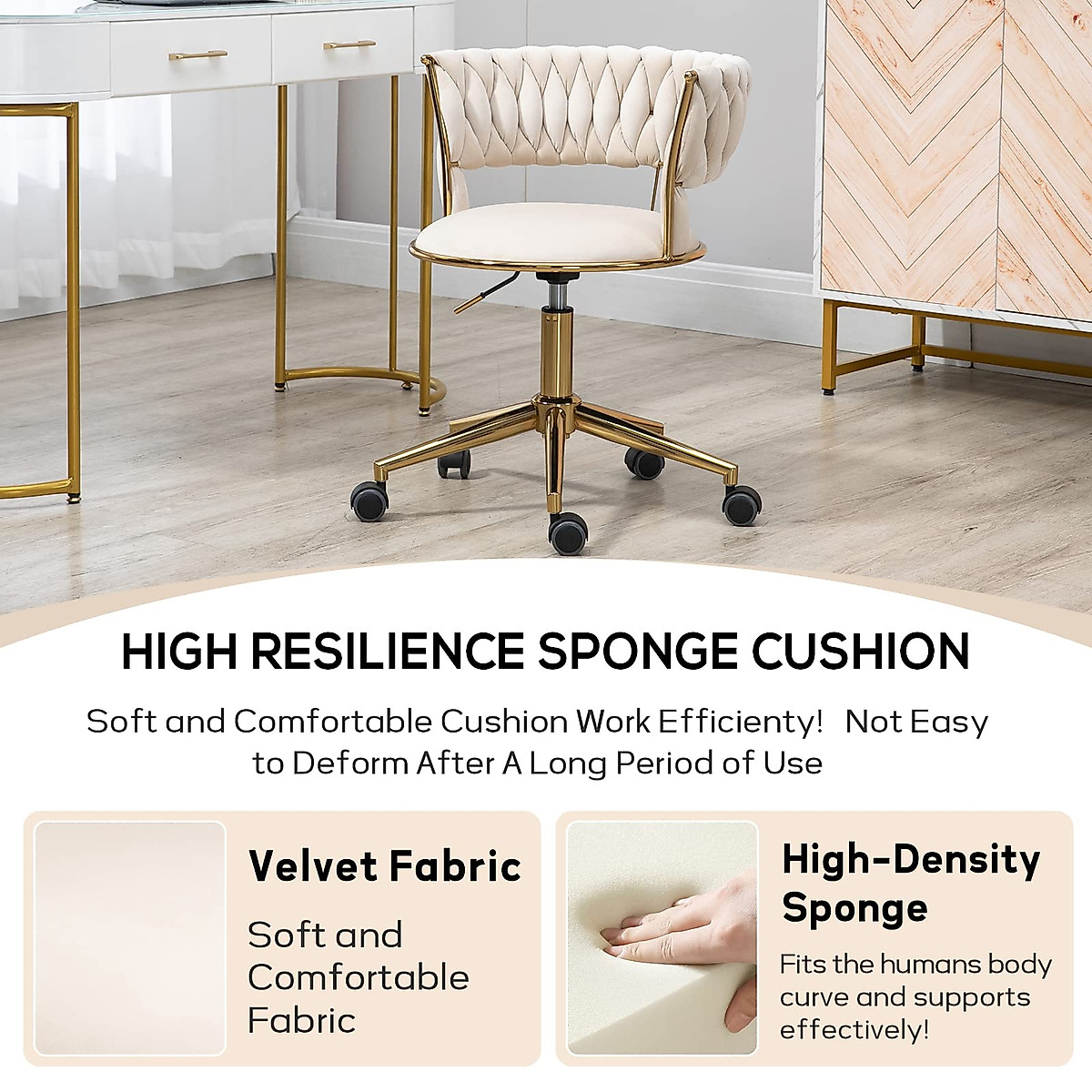 NIOIIKIT Velvet Office Desk Chair with Hand Woven Backrest, 360° Swivel & Height Adjustable Task Chairs, Makeup Chair, Living Room Chairs with Stainless Base and 5 Wheels (Ivory)
