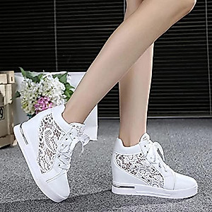 Hbeylia Platform Hidden Heels Fashion Sneakers For Women Fashion Lace Crochet Lace Up Chunky Bottom High Heels High Top Skateboard Canvas Shoes Casual Leather Walking Slip On Loafers Work Shoes