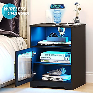 HNEBC Auto LED Nightstand with Charging Station, Smart Night Stand with Wirelss/USB/Type-C, Bedside Table with Body Sensing Lights (Black)