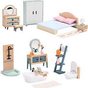 Giant bean 24 PCS Wooden Plastic Dollhouse Furniture Set, Bathroom and Bedroom Set, Wood Dollhouse Accessories Pretend Play Furniture Toys for Boys Girls & Toddlers