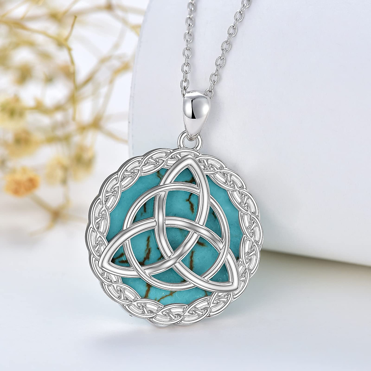 BETHZA Celtic Necklace 925 Sterling Silver Genuine Turquoise Trinity Knot Pendant Good Luck Irish Jewelry Gift for Women Christmas St. Patrick's Day