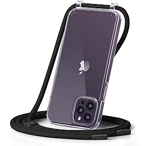 CAROKI Crossbody Case for iPhone 14 Pro, Crossbody Hard PC Phone Cover with Adjustable Nylon Neck Strap Clear Transparent Phone Case for iPhone 14 Pro-Black