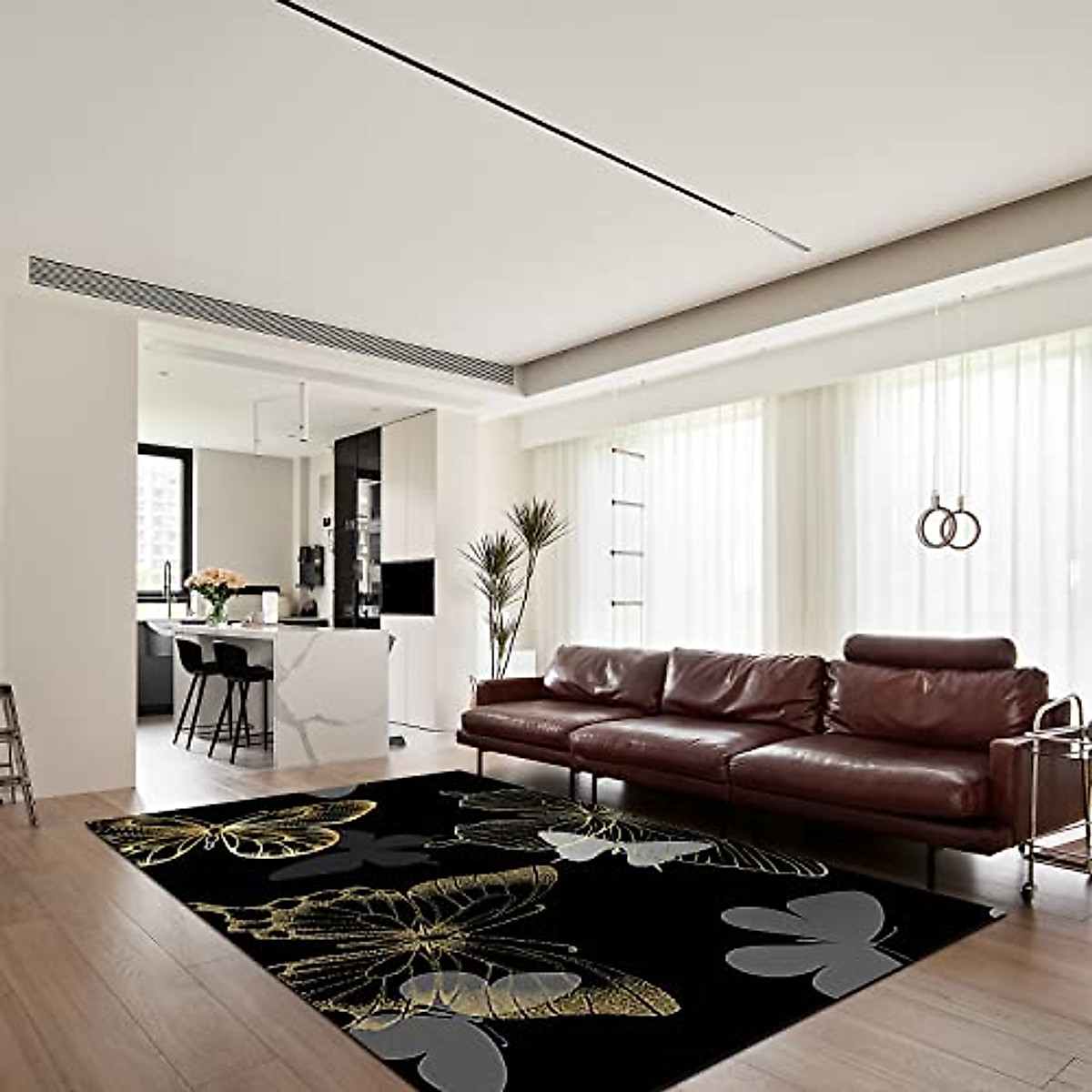Light Luxury Black Gold Butterfly Area Rug, Simple Floral Decorative Rug, Fluffy Soft Machine Washable Breathable and Durable Suitable for Living Room Bedroom Dining Room Boy Girl Room 2 x 6ft