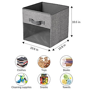 EITMOW 11 inch Closet Open Storage Bins with Clear Window with Reinforced Handles, Woven Fabric Storage Cubes, Foldable Organizer Bins for Closet Shelves, Clothes. (3PCS/Grey)