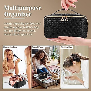 Travel Makeup Bag,Large Capacity Travel Cosmetic Bag for Women ,PU Leather Waterproof Travel Toiletry Bag with 2 PVC Brush Organizer,Portable Pouch Lay Flat Make Up Organizer Bag with Handle Divider