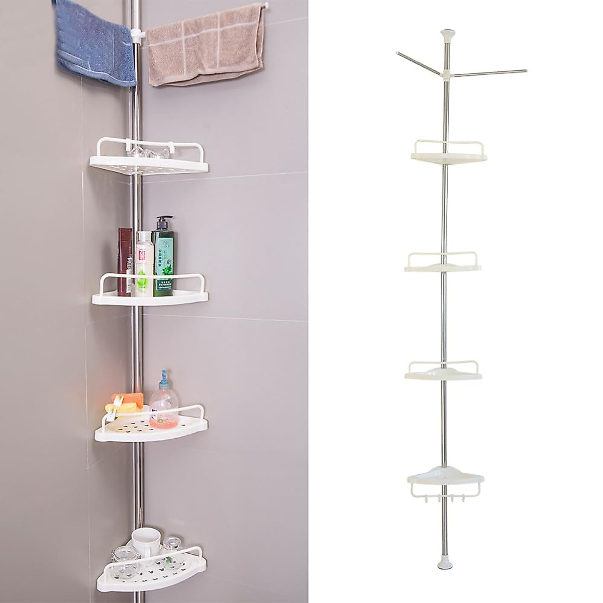 Dodoam 4 Tier Bathroom Corner Shower Rust Proof Telescopic Rod Storage Rack Organizer for Bathtub Shampoo Storage, 43 to 122 Inch Height