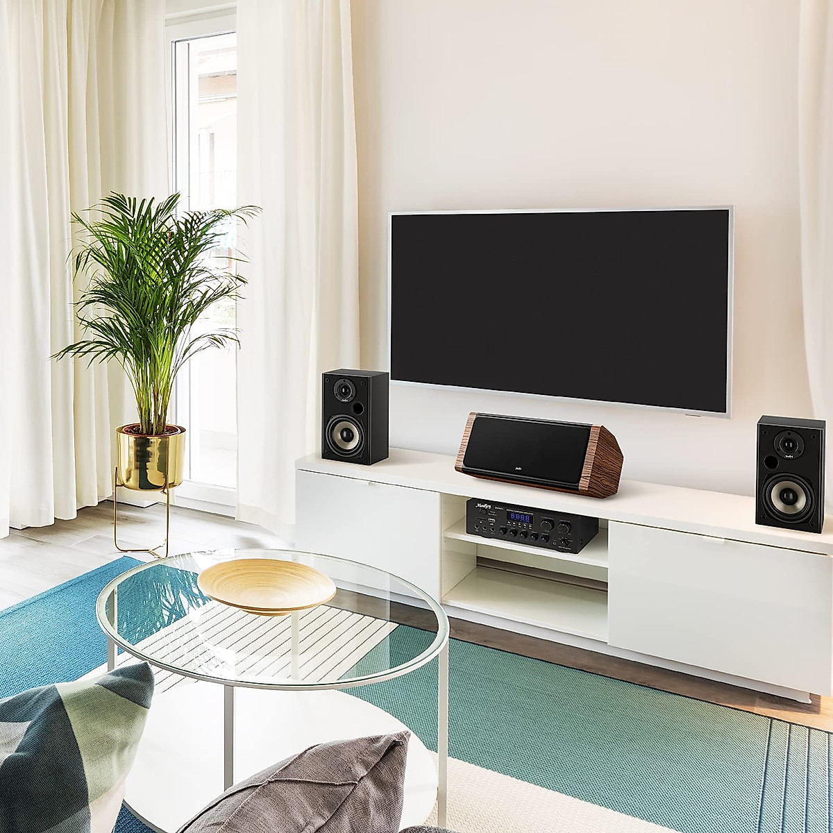 Moukey Center Channel Speaker, 100 Watt Peak Compact Center Speaker Hi-Res Audio with Deep Bass Response, for TV, Home Theater, Dolby and DTS Surround - Mcs1