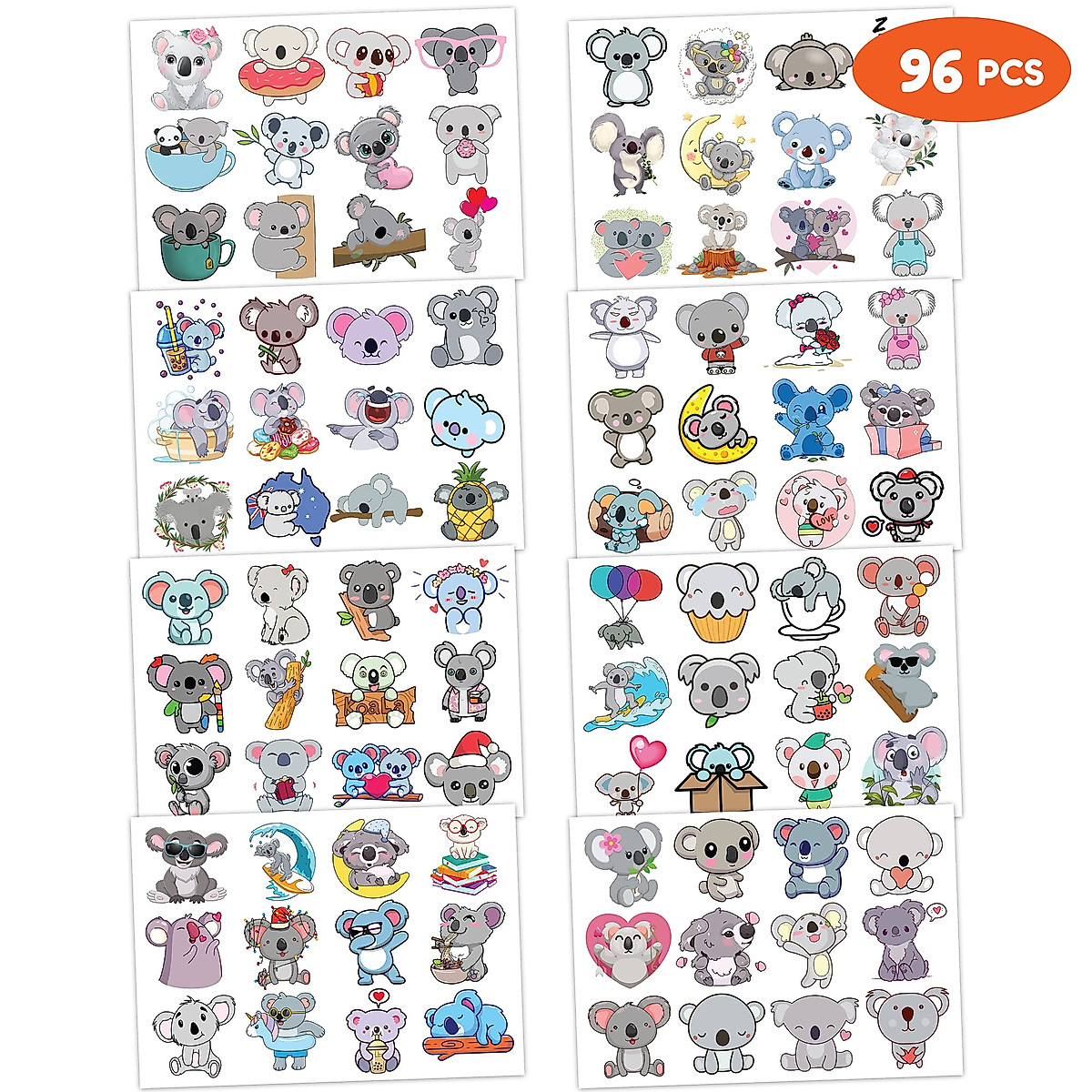 Koala Temporary Tattoos Birthday Party Supplies Decorations 96PCS Cute Tattoos Stickers Party Favors Kids Gifts Girls Boys Classroom School Prizes Themed