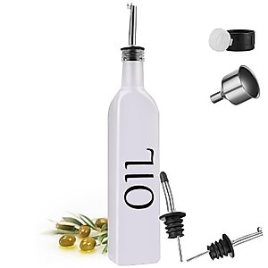 DIMBRAH Olive Oil Dispenser, Oil Dispenser Bottle for Kitchen, White Olive Oil Bottle with 2 No-drip Pourers and Funnel, Farmhouse Glass Oil Bottle - [SINGLE PACK]