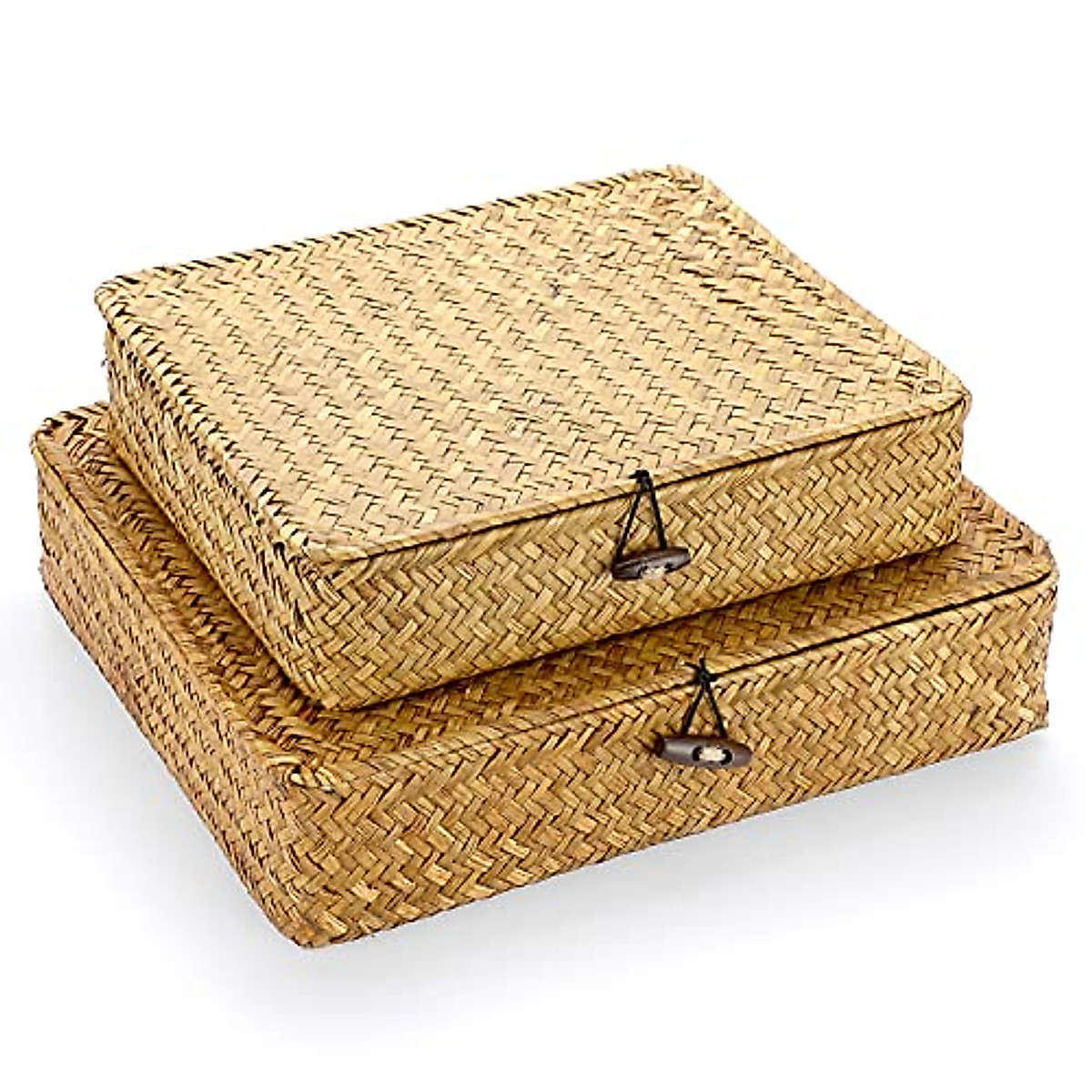 Hipiwe Set of 2 Flat Woven Wicker Storage Bins with Lid Natural Seagrass Basket Boxes Multipurpose Home Organizer Bins Boxes for Shelf Organizer, Caramel