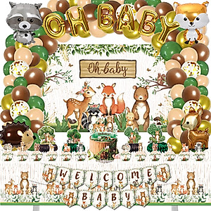 Mpanwen Woodland Baby Shower Decorations, 150 Pcs Boy & Girl Gender Neutral Forest Animal Decor for Showers & Birthdays with Banners Cupcakes Wrappers Balloons Backdrop Tablecloth Centerpieces