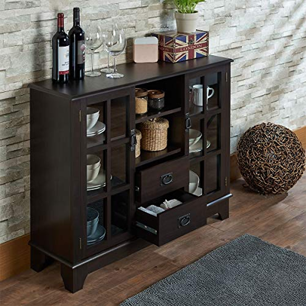 Knocbel Contemporary Console Table Buffet Sideboard Storage Cabinet with 2-Drawer, 2 Open Compartments & 2 Glass Doors, 42" L x 12" W x 32" H (Espresso)