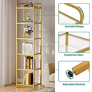 YITAHOME 6-Tier Bookshelf, Tempered Glass Bookshelf, Slim Shelving Unit for Bedroom, Bathroom, Home Office, Steel Frame, Gold