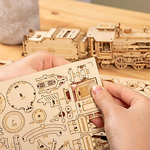 ROKR 3D Wooden Puzzle for Adults Mechanical Car Model-DIY Building Vehicle Kits-Brain Teaser Toys-Gift for Men Women Kids on Birthday/Christmas Day (Steam Train Model with Carriage)