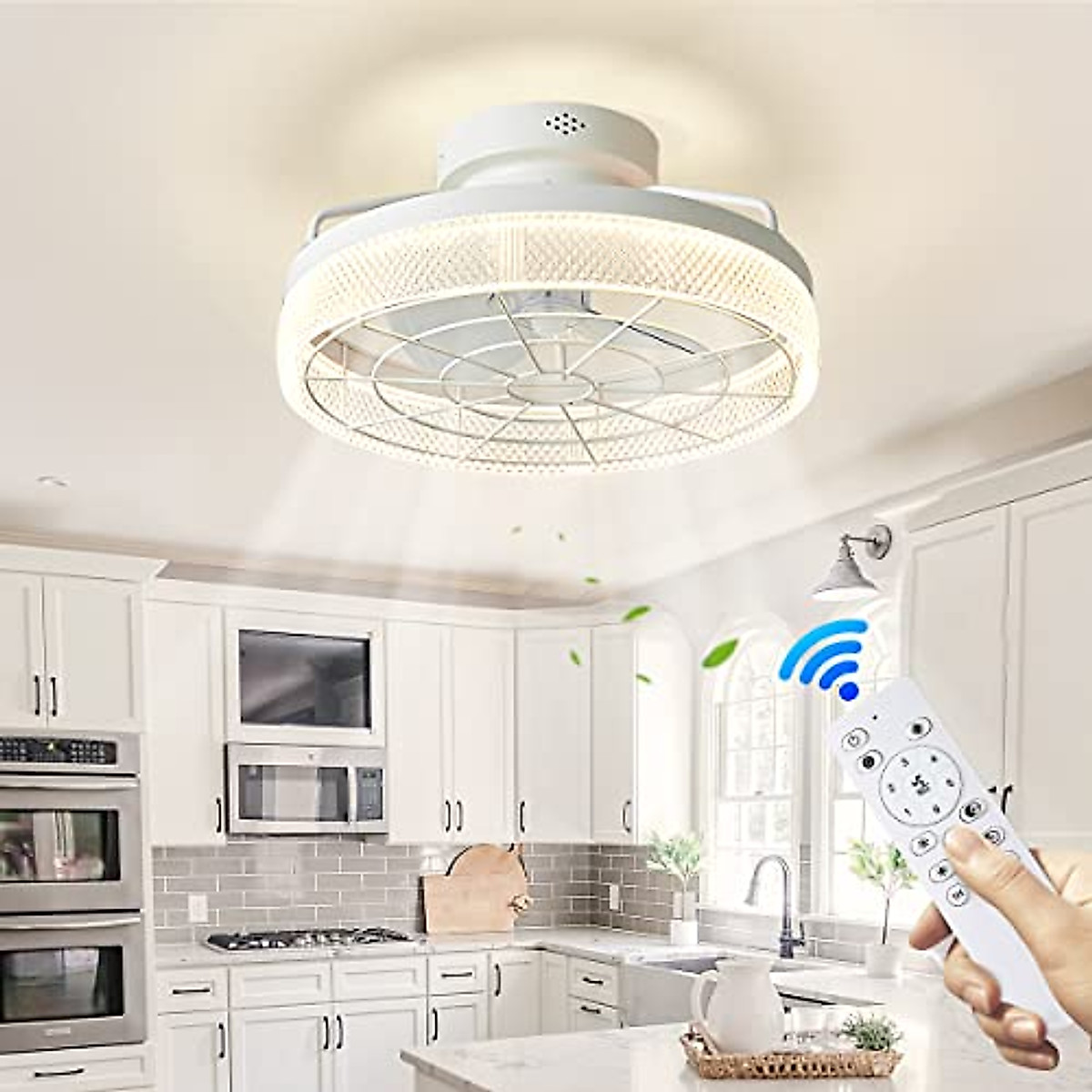 YUZEAL 18.9 Inch Low Profile Ceiling Fans with Lights and Remote, Modern Small bladeless Farmhouse Caged Round Flush Mount Dimmable LED Lighting, Memory, 3 Colors, Reversible Blades (White)