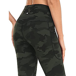 HeyNuts Leggings with Pockets for Women, High Waisted 7/8 Leggings Tummy Control Compression Workout Buttery Soft Pants 25'' Olive Camo L(12)