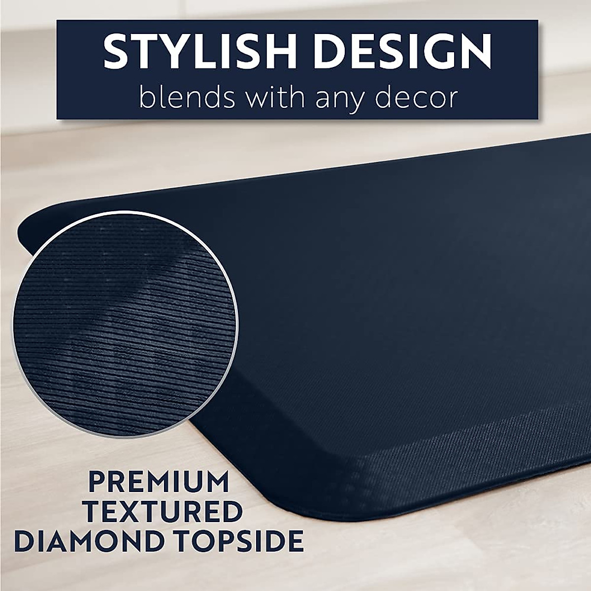 Kangaroo Anti Fatigue Cushion Mat and Chenille Bath Rug, Antifatigue Mat Size 32x20, Foam Pad Relieves Pressure, Bath Rug Size 36x24, Machine Washable, Both in Navy, 2 Item Bundle