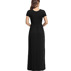 VIISHOW Women's Short Sleeve Loose Plain Maxi Dresses Casual Long Dresses with Pockets(Black, Large)