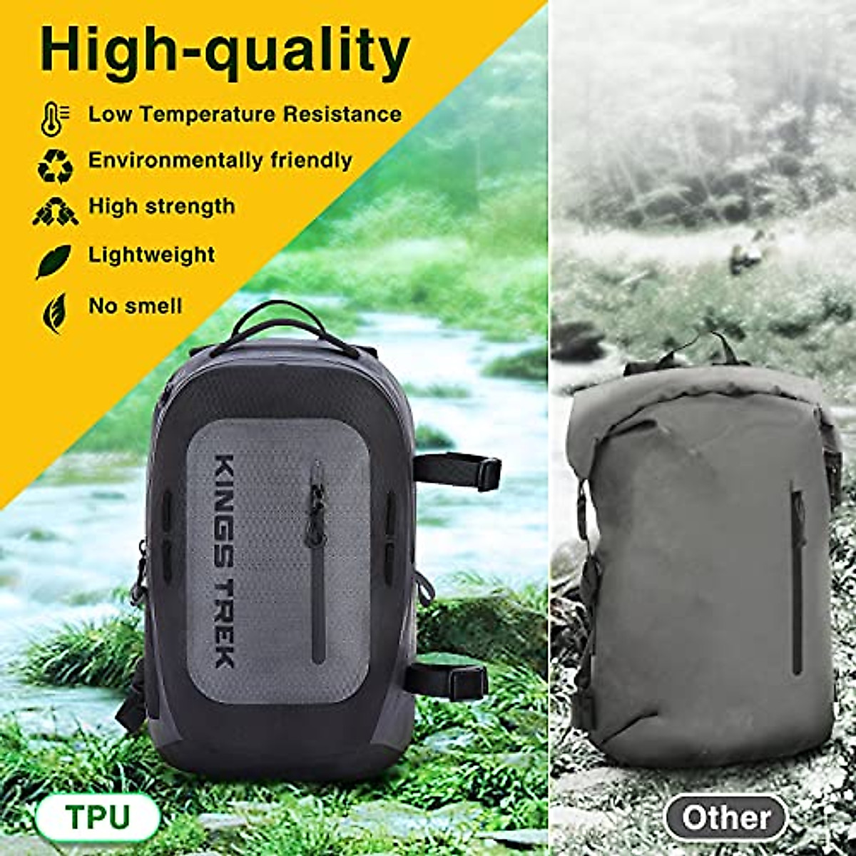 KINGS TREK Dry Bag, TPU Waterproof Backpack with Airtight Zipper, 20L Floating Waterproof Pack with Phone Case (Grey, 20L)