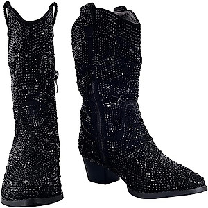 Forever Girls/Kids Rhinestone Western Cowgirl Cowboy Pointed Toe Low Heel Boots River-11K Black 2
