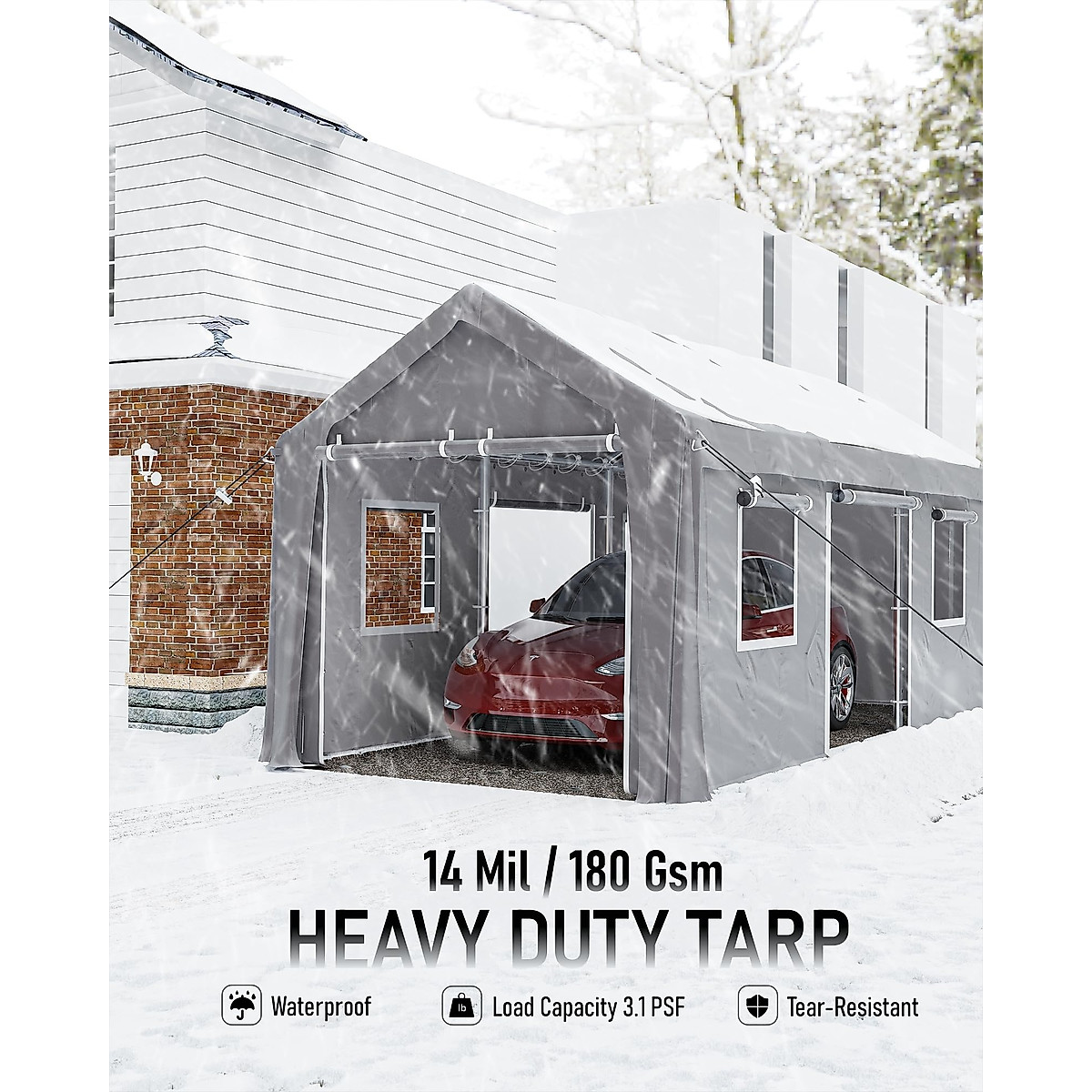 DEXSO Carport 10'x20' Portable Garage Heavy Duty, 1.0 mm Steel Poles & 14 mil PE Tarp, with Front & Rear Doors, 2 Side Doors, and 4 Windows Screen, for Pickup Truck, and Boat, Silver Gray
