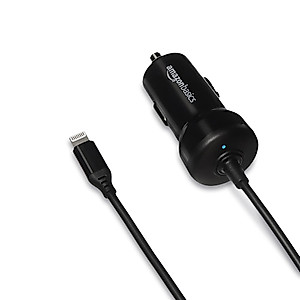 Amazon Basics 12W (5V, 2.4A) Car Charger with Lightning Cable (Straight) for iPhone and Apple Devices, 3 ft, Black/Red