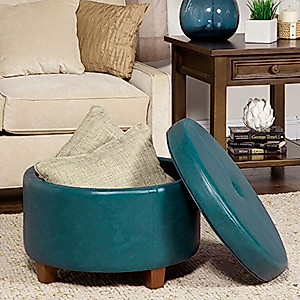 HomePop Round Leatherette Storage Ottoman with Lid, Teal