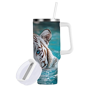 xigua 40 oz White Tiger Tumbler with Handle and Straw Lid, Stainless Steel Vacuum Insulated Sports Water Bottle, Keeps Cold or Hot Coffee Cup Travel Mug