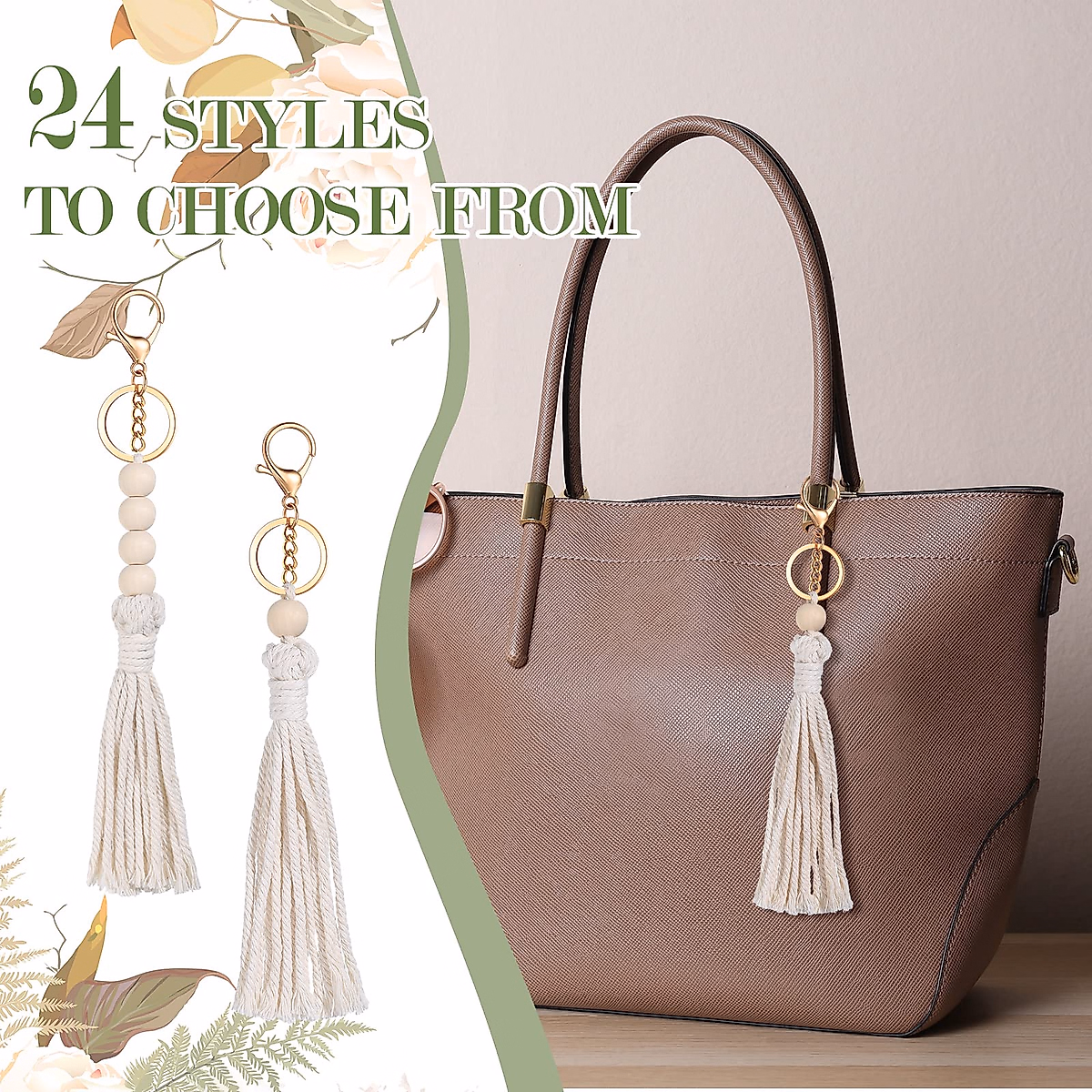 Nosiny 24 Pieces Boho Macrame Keychains Mini Cute Handcrafted Tassel Keychain Macrame Bag Charms Aesthetic Keychain with Tassel for Women Car Key Purse Phone Wallet Party Supplies, Beige