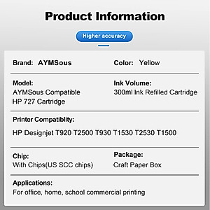 AYMSous Compatible for HP 727 Yellow 300ML Remanufactured Ink Cartridge Replacement for HP 727 for HP727 for HP 727Y for HP DesignJet T920 T930 T1500 T1530 T2500 T2530 Printers