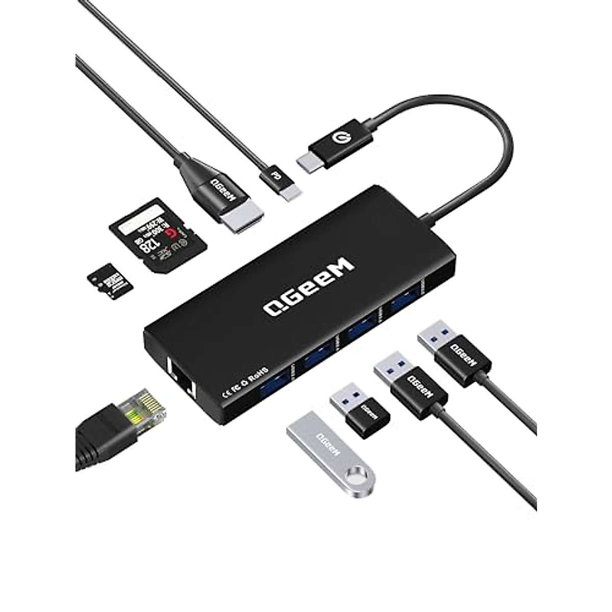 QGeeM USB C Hub Ethernet,9 in 1 USB Type C Hub HDMI Multi-Port Converter Adapter,100W Pd, USB 3.0,SD/TF Card Reader,Compatible for MacBook Pro Air Ipad HP Dell Lenovo Chromebook etc.-Gold