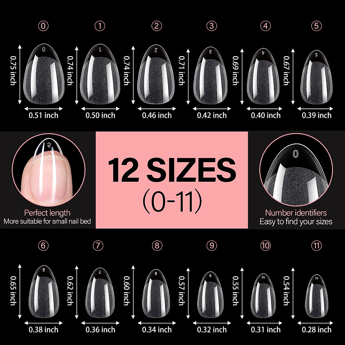 AILLSA Short Almond Nail Tips 360Pcs Full Cover Soft Gel Nail Tips Half Matte No File Clear False Gelly Nail Tips Fake Almond Shaped Nails for Press On Nail Extension DIY Valentine Gift 12 Sizes