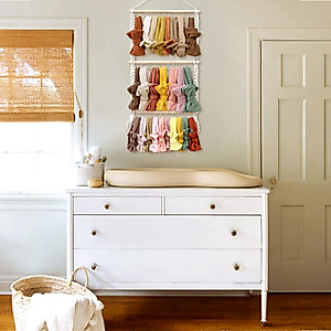 POVETIRE Baby Headband Holder, Hair Bows and Accessories Storage Organizer, Wall Hanging Decor for Nursery Toddler Girls Room (Beige-2)