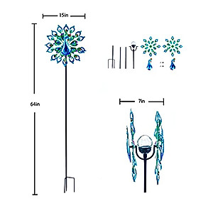 Wind Spinner Outdoor Metal Solar Powered Sculpture Large 15 inch Dia 65 inch Height Kinetic Windmills Peafowl Wind Catcher Glass Ball for Garden Lawn Yard Patio Decoration Vane for Backyar