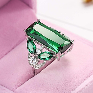 Hsitgexf Huge Lab-Grown Green Gemstone Ring Emerald Cut CZ Cubic Zirconia with Marquise Side Stones Fashion Women's Wedding Engagement Anniversary Ring (US size 6)