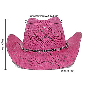Vamuss Straw Cowboy Hat for Women with Beaded Trim and Shapeable Brim, Fuchsia