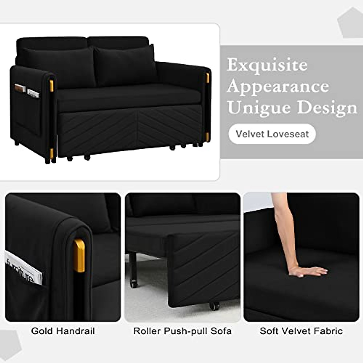 CALABASH Sofa Bed,Pull Out Couch Bed Sleeper Sofa,54" Modern Convertible Velvet Loveseat with 2 Pillows and Side Pockets, Small Love seat Sofa Bed w/Headboard for Living Room, Apartment (Black)