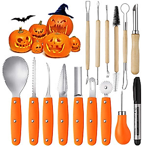 Unomor Halloween Pumpkin Carving Tools Kit, 15 PCS Professional Pumpkin Carving Set Includes Wooden Sculpture Knife Saw Marker for Halloween Pumpkin Decoration, Easily Carve Jack-O-Lantern
