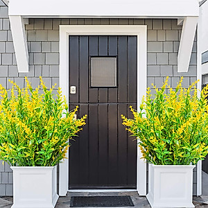 AUMVEYI 4 Bundles Artificial Lavender Mums Flowers Outdoor Fake Plants UV Resistant Faux Greenery Plastic Bouquet Bulk Decoration for Home Outside Garden Porch Hanging Planter Farmhouse Decor (Yellow)