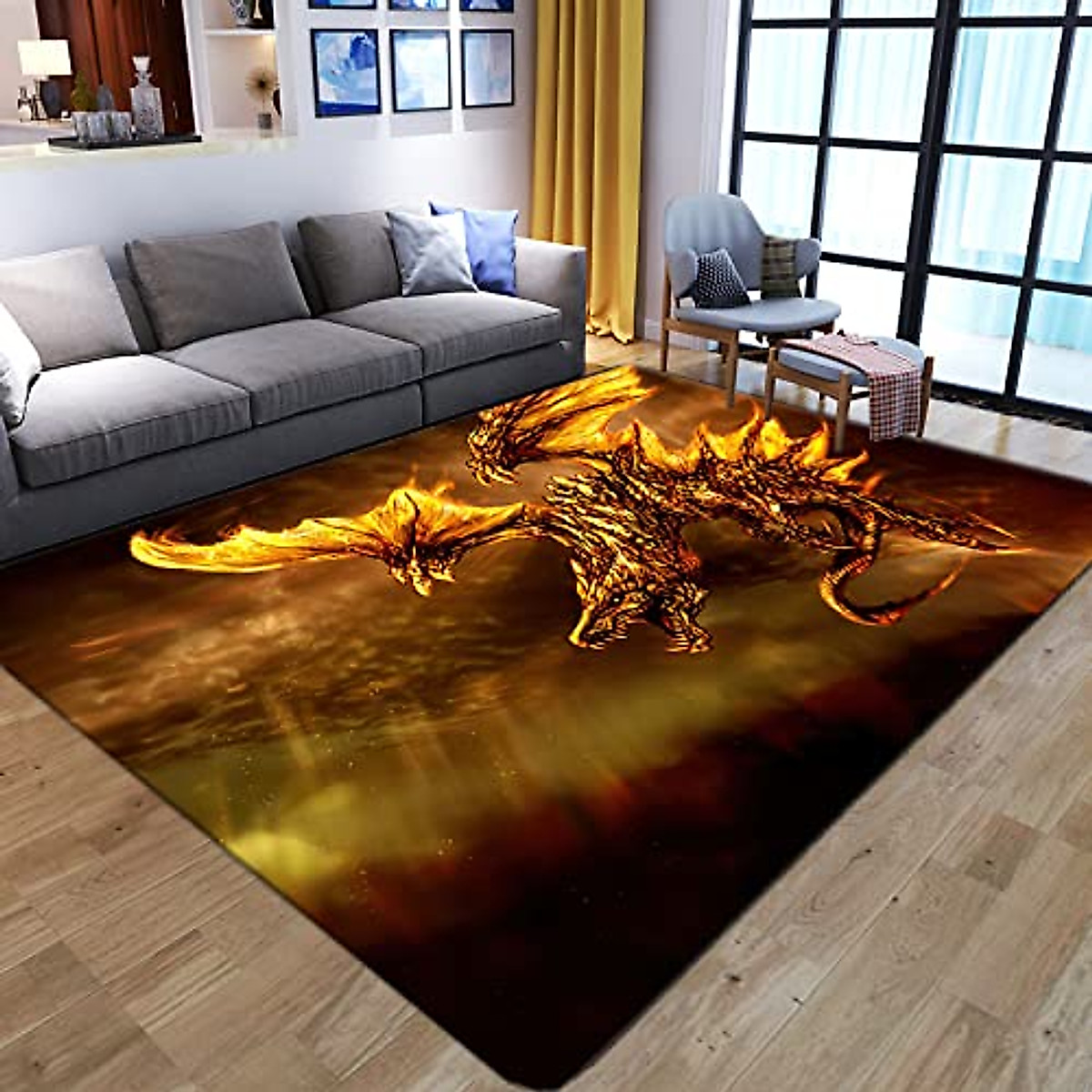Fluffy Rug 8x10 Feet / 240x300 cm Faux Wool Indoor Accent Rug Non-Slip Low-Pile Carpet for Entrance Living RoomBedroom Dining Table Gray Brown Gold Dragon Pattern