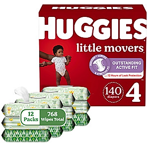 Huggies Little Movers Diapers & Wipes Bundle: Huggies Little Movers Size 4 Baby Diaper, 140ct & Huggies Natural Care Sensitive Wipes, Unscented, 12 Packs (768 Wipes Total) (Packaging May Vary)
