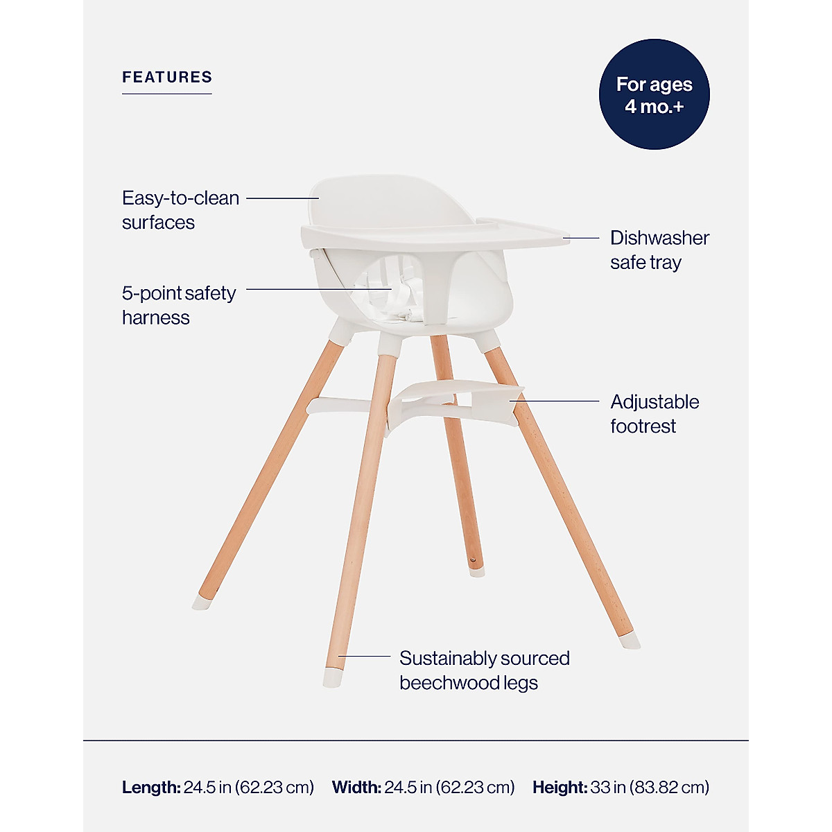 Lalo The Chair Convertible 3-in-1 High Chair - Wooden High Chair for Babies & Toddlers, Baby High Chair with Dishwasher Safe Tray, Adjustable Footrest & Machine Washable High Chair Cushion, Coconut