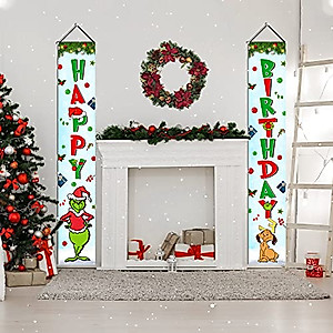 Christmas Happy Birthday Porch Sign Banner, Christmas Decorations Green Monster Door Banner Welcome Porch Sign for Front Door Outside Yard Christmas New Year Birthday Party Supplies