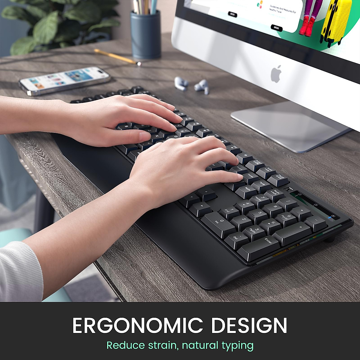 Wireless Keyboard and Mouse Combo, 2.4G Full-Sized Ergonomic Computer Keyboard with Wrist Rest and 3 Level DPI Adjustable Wireless Mouse for Windows/MacOS, Desktops/Laptops