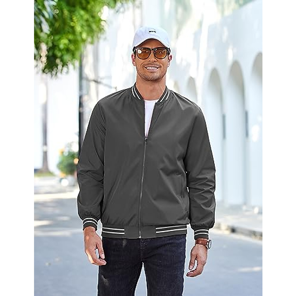 COOFANDY Mens Casual Light Jacket Grey Bomber Jacket Winter Vintage Coat with Inner Pocket Grey